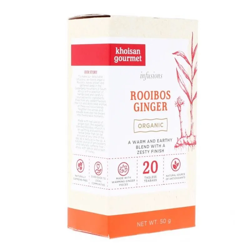 Khoisan Gourmet Organic Rooibos Tea with Ginger - 20 Tagless Bags ...